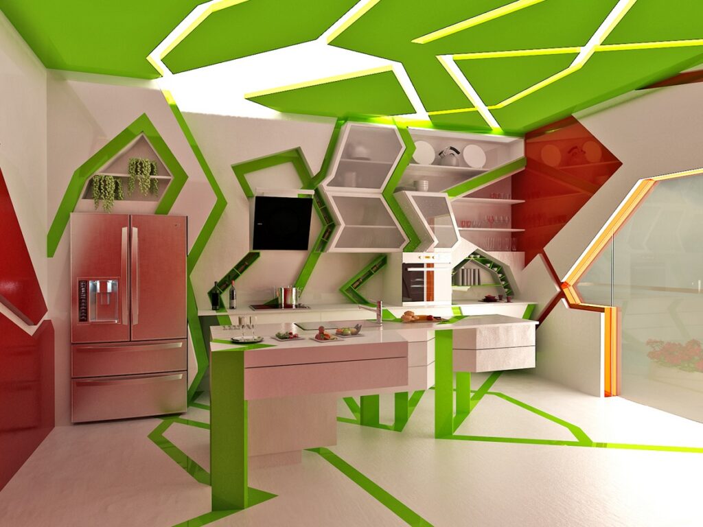 Green white red kitchen design | Interior Design Ideas