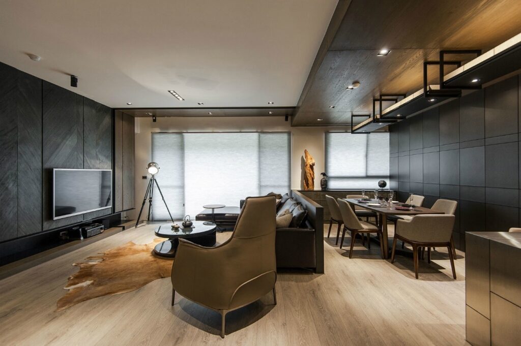 Stone and Wood Make a Dark, Masculine Interior