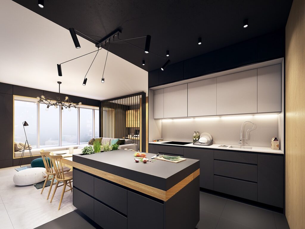 kitchen with studio lighting | Interior Design Ideas