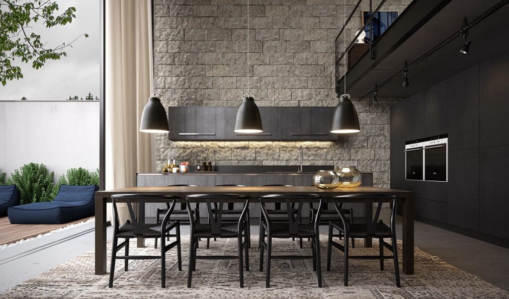 dark dining room furniture against stone block wall | Interior Design Ideas