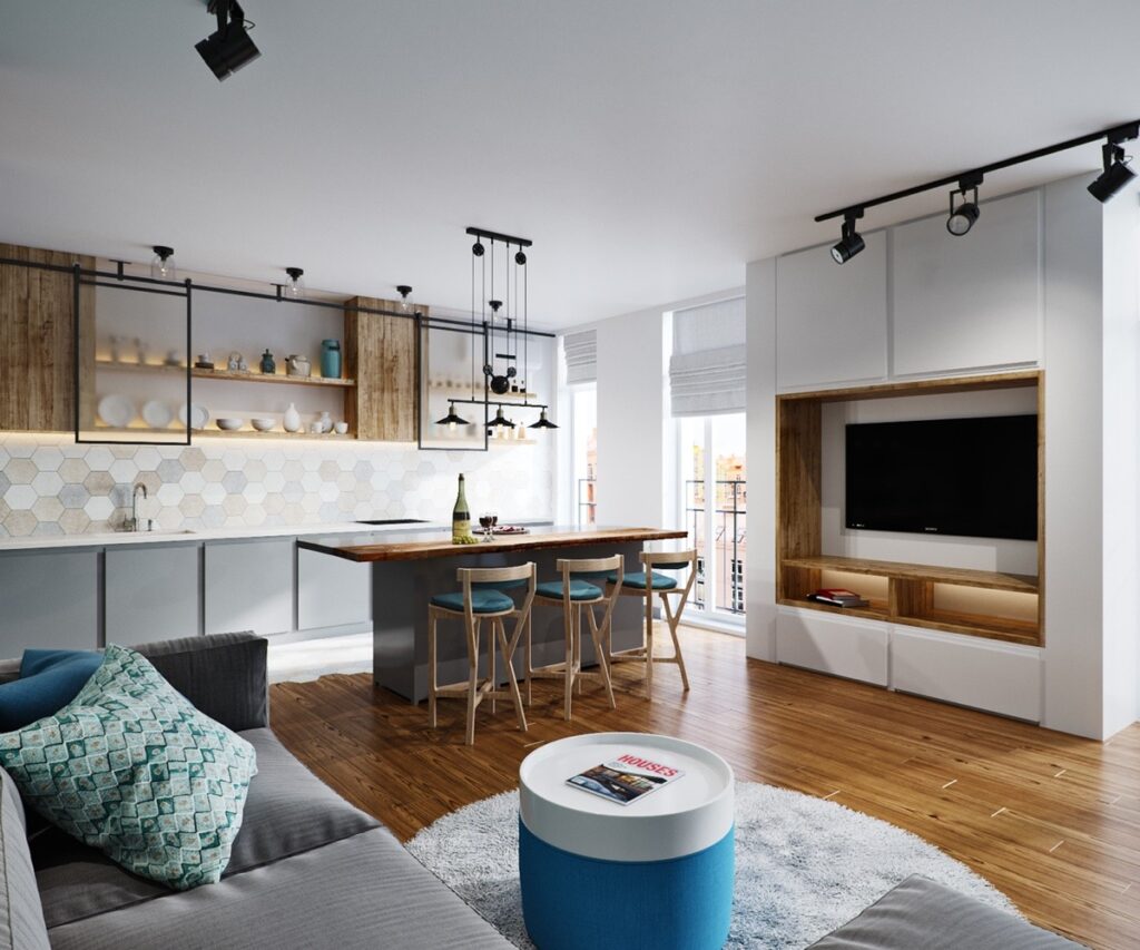 wood and blue interior style | Interior Design Ideas