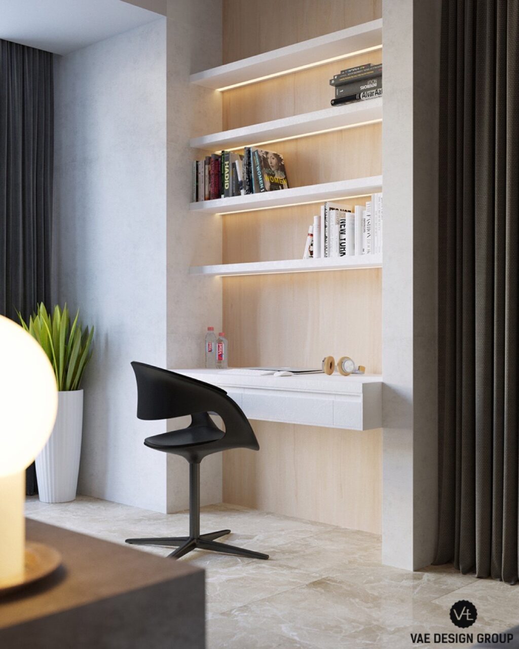 LED lit bookcase black pod chair modern office studio | Interior Design ...