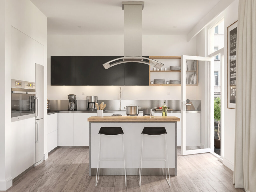 Scandinavian kitchen low hanging chrome extractor fan | Interior Design ...