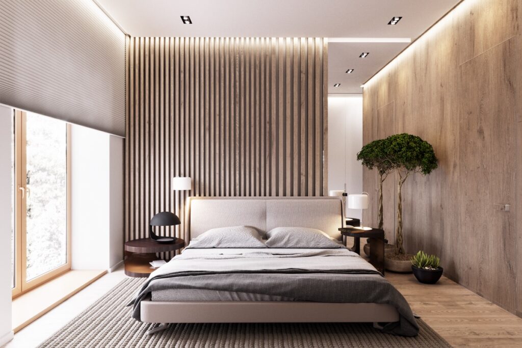 slatted partition wood plank walls | Interior Design Ideas