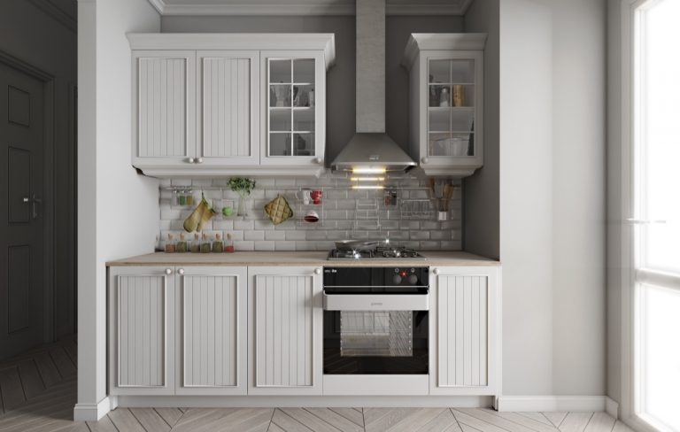 tiled inlet French cabinets Scandinavian kitchen | Interior Design Ideas
