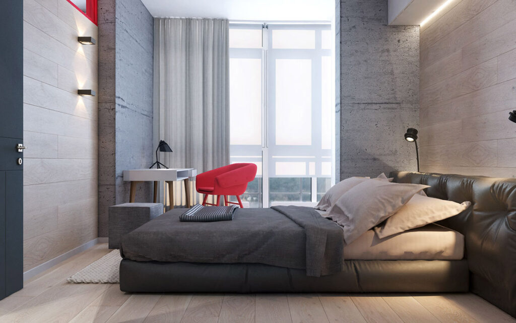 gray and red bedroom | Interior Design Ideas