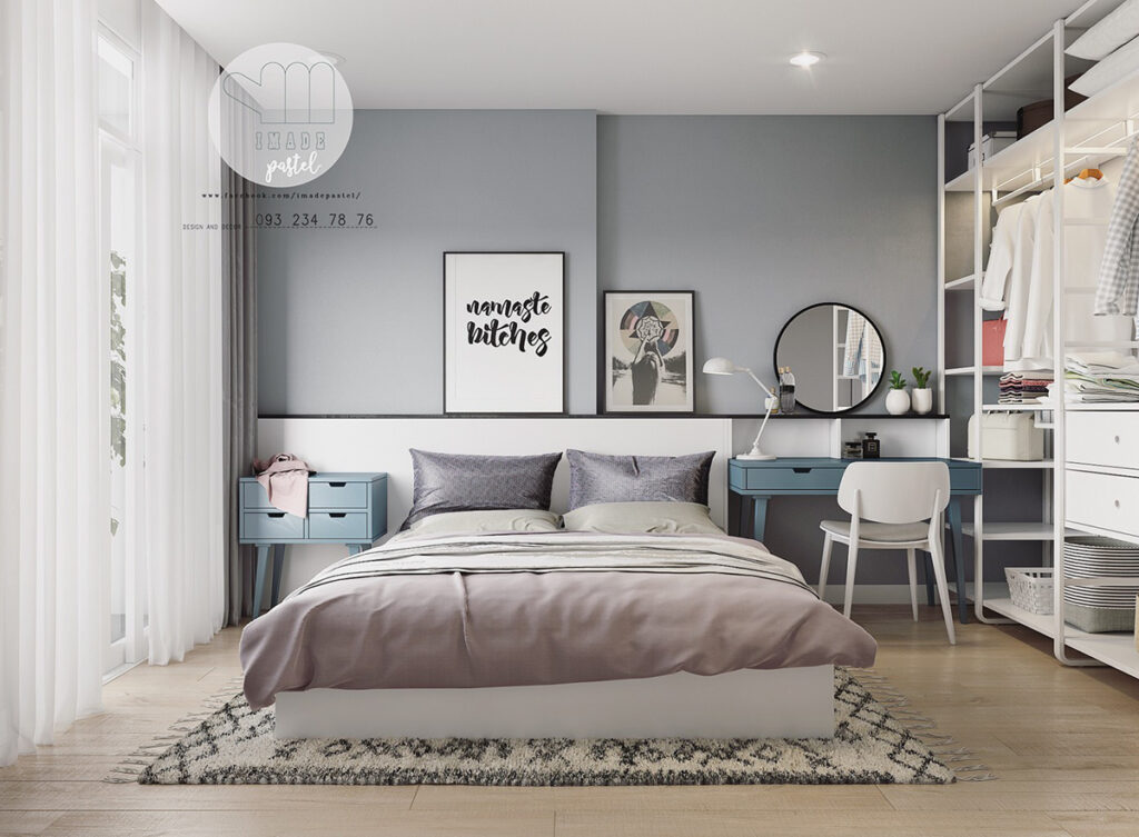 metallic cushions Scandinavian shelving contemporary bedroom | Interior ...