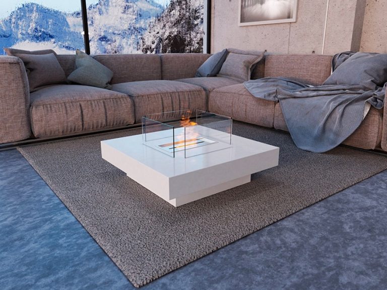 Modern Square White Coffee Table with Smokeless Fireplace | Interior ...