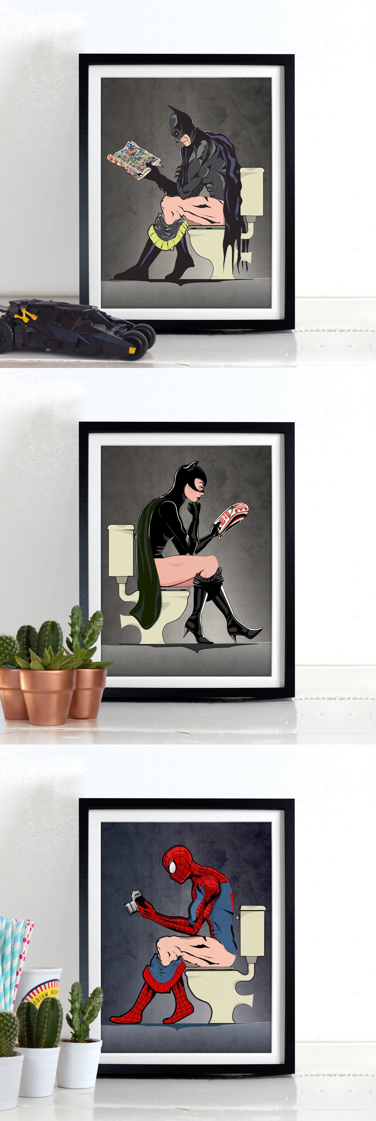 Superheroes on Toilet Poster Print For Superhero Themed Bathroom Batman ...