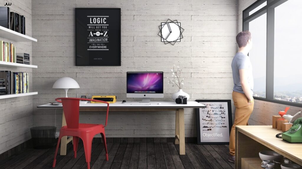 minimalist mac home office setup industrial chair | Interior Design Ideas
