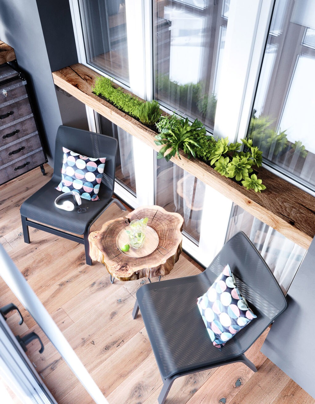 A Small Industrial Apartment With A Home Office & Blue Decor