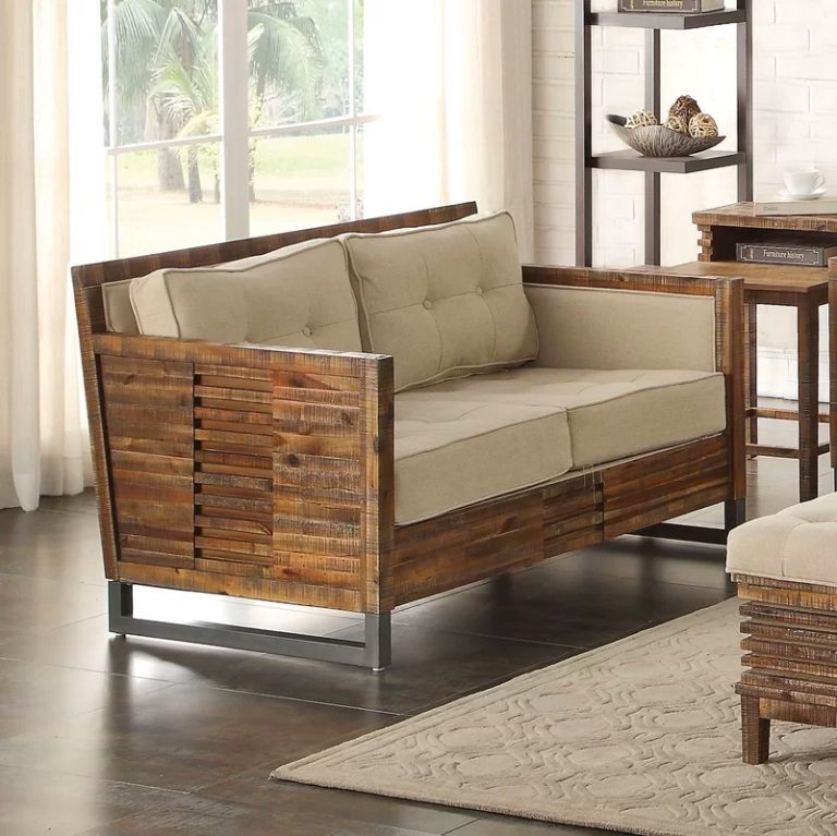 Rustic Loveseat Wood Frame Stainless Steel Cream Cushions | Interior ...