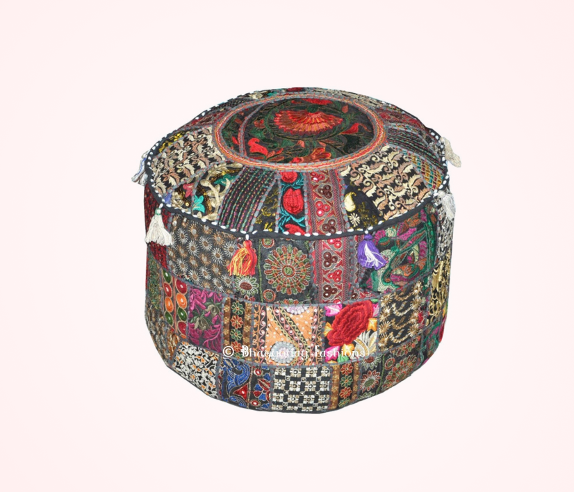 Indian Patchwork Style Pouf Cover Colorful Multicolored Patterned ...