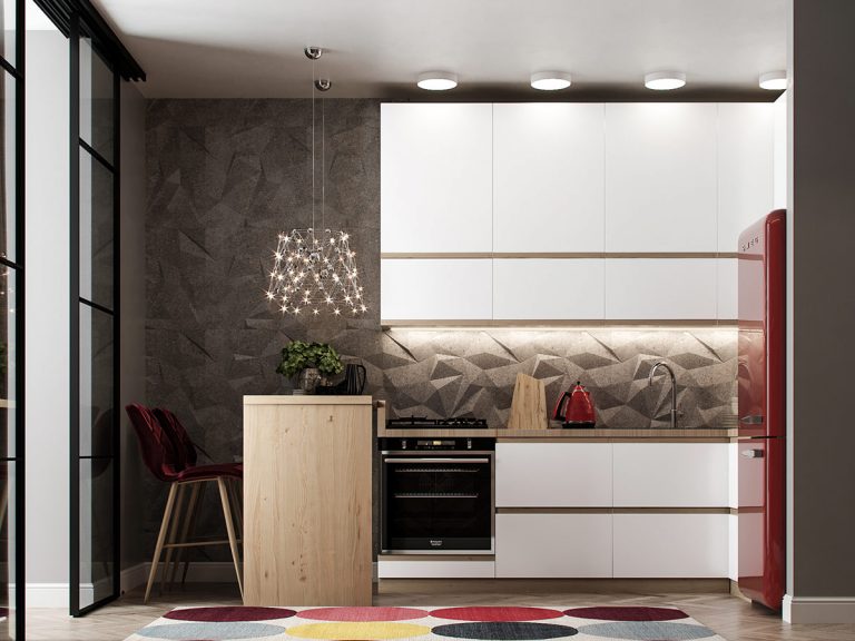 retro kitchen with modern geometric wall and vintage appliances polka ...