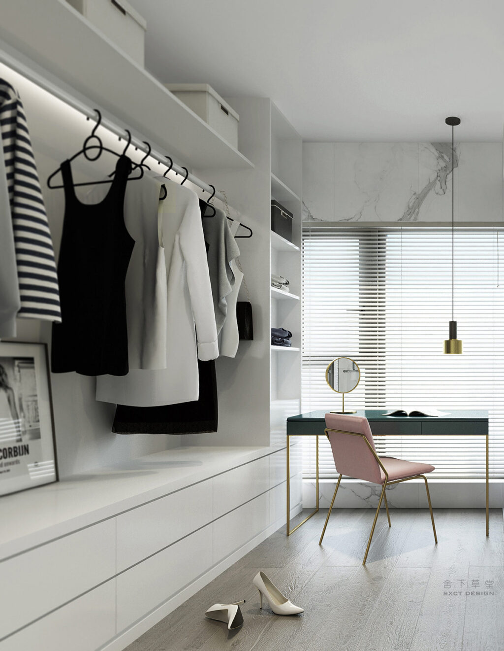 stylish dressing room layout idea with millennial pink accents ...
