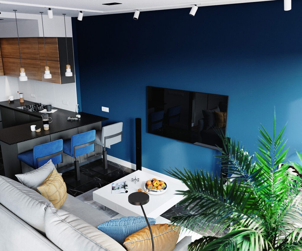 Compact And Cool Blue Interiors With Warm Accents