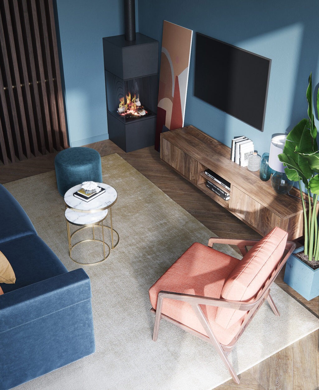 Compact And Cool Blue Interiors With Warm Accents