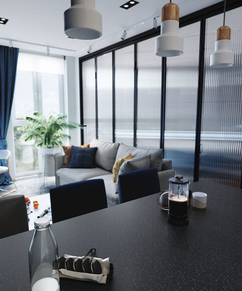 Compact And Cool Blue Interiors With Warm Accents