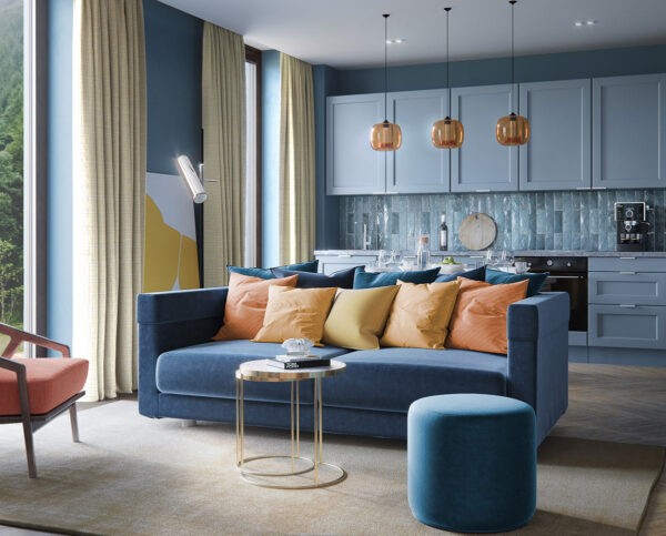 Compact And Cool Blue Interiors With Warm Accents