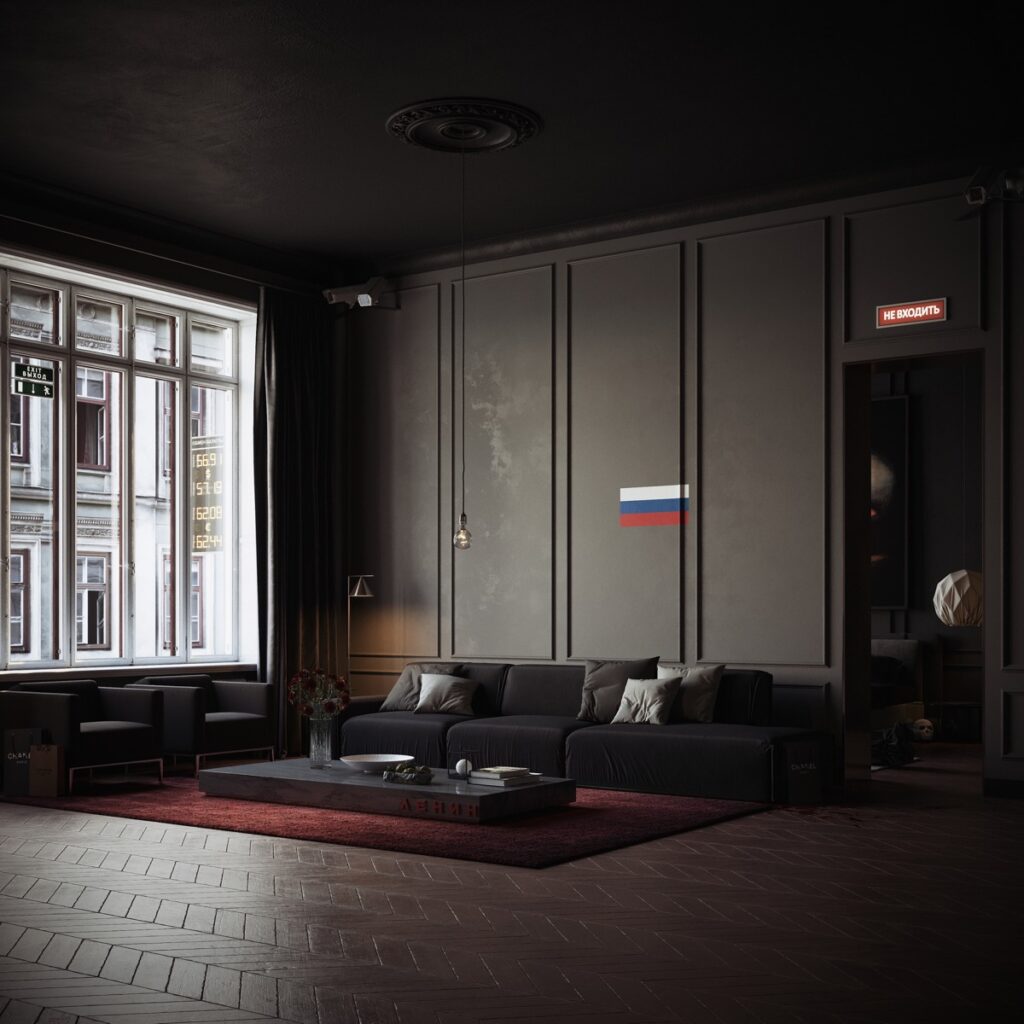 Spacious Dark Interiors With Ruby Red Accents