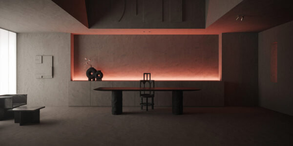 Spacious Dark Interiors With Ruby Red Accents