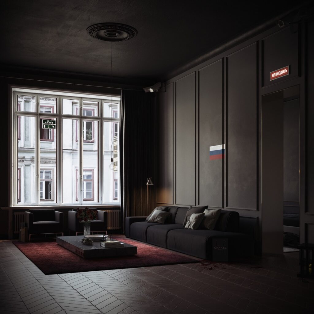 Spacious Dark Interiors With Ruby Red Accents