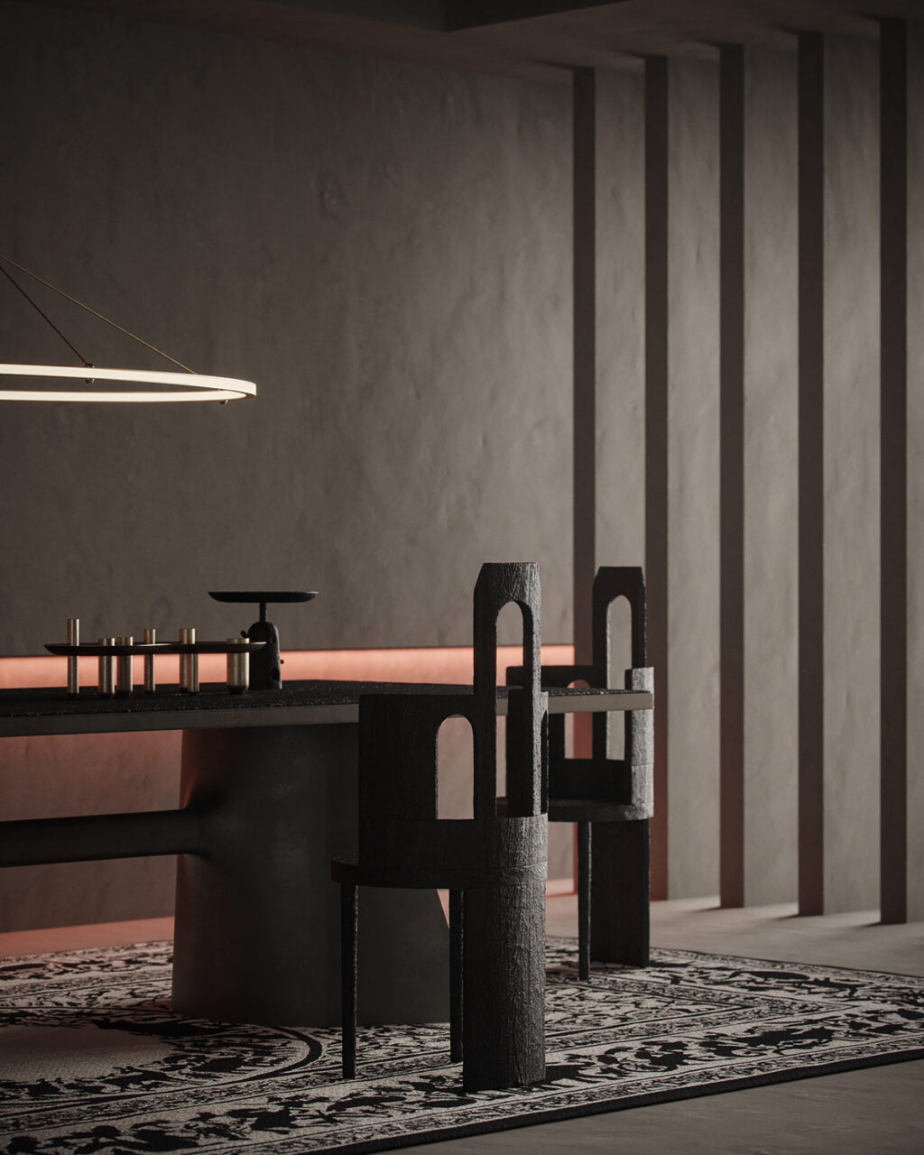 Spacious Dark Interiors With Ruby Red Accents