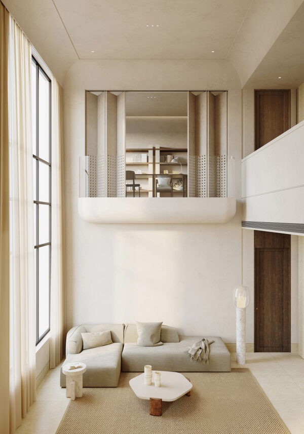 Creamy Home Interior With Curvaceous Staircase Design & Courtyard