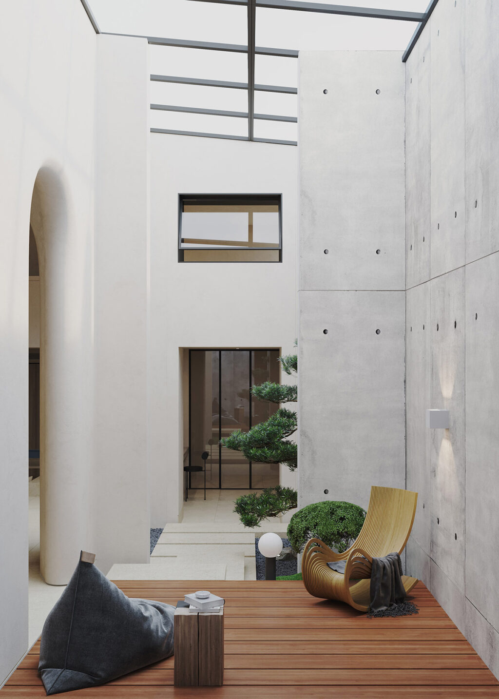 Creamy Home Interior With Curvaceous Staircase Design & Courtyard