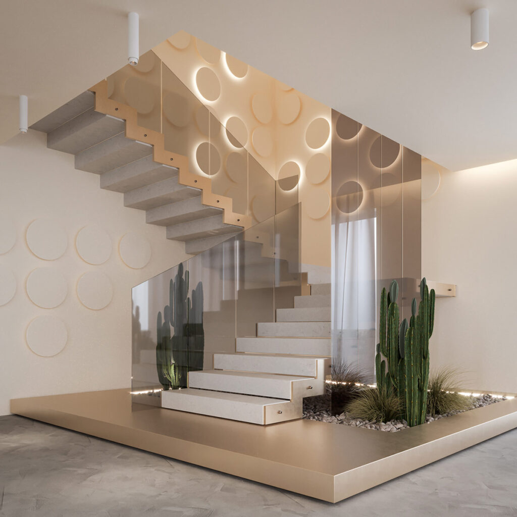 Interiors With Pockets Of Greenery And Modern Staircases