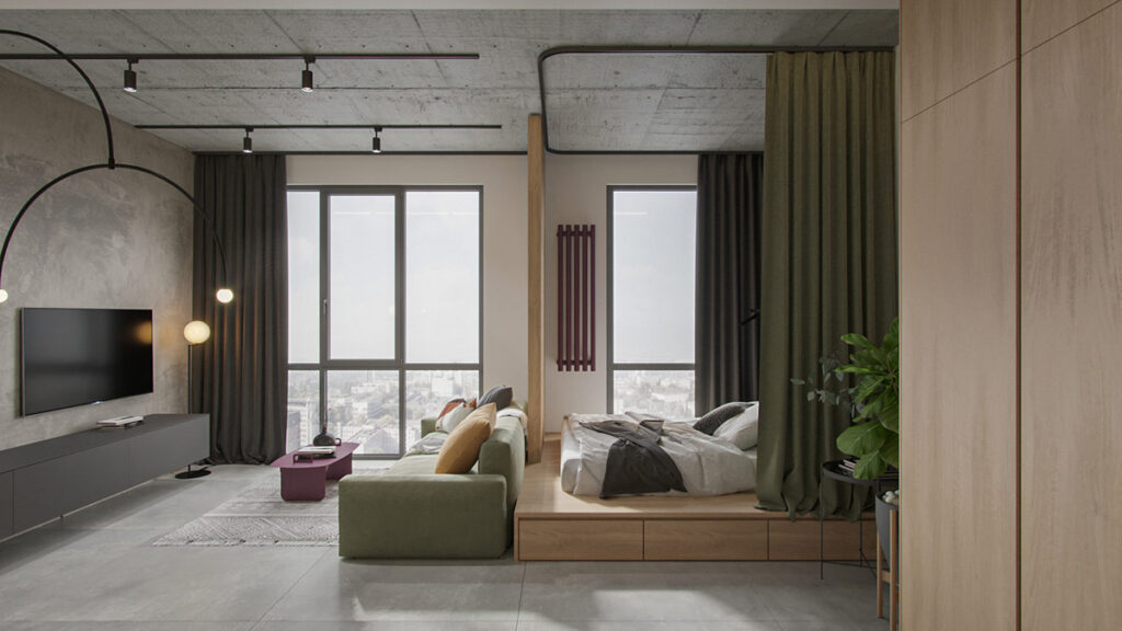 studio bedroom with portiere | Interior Design Ideas