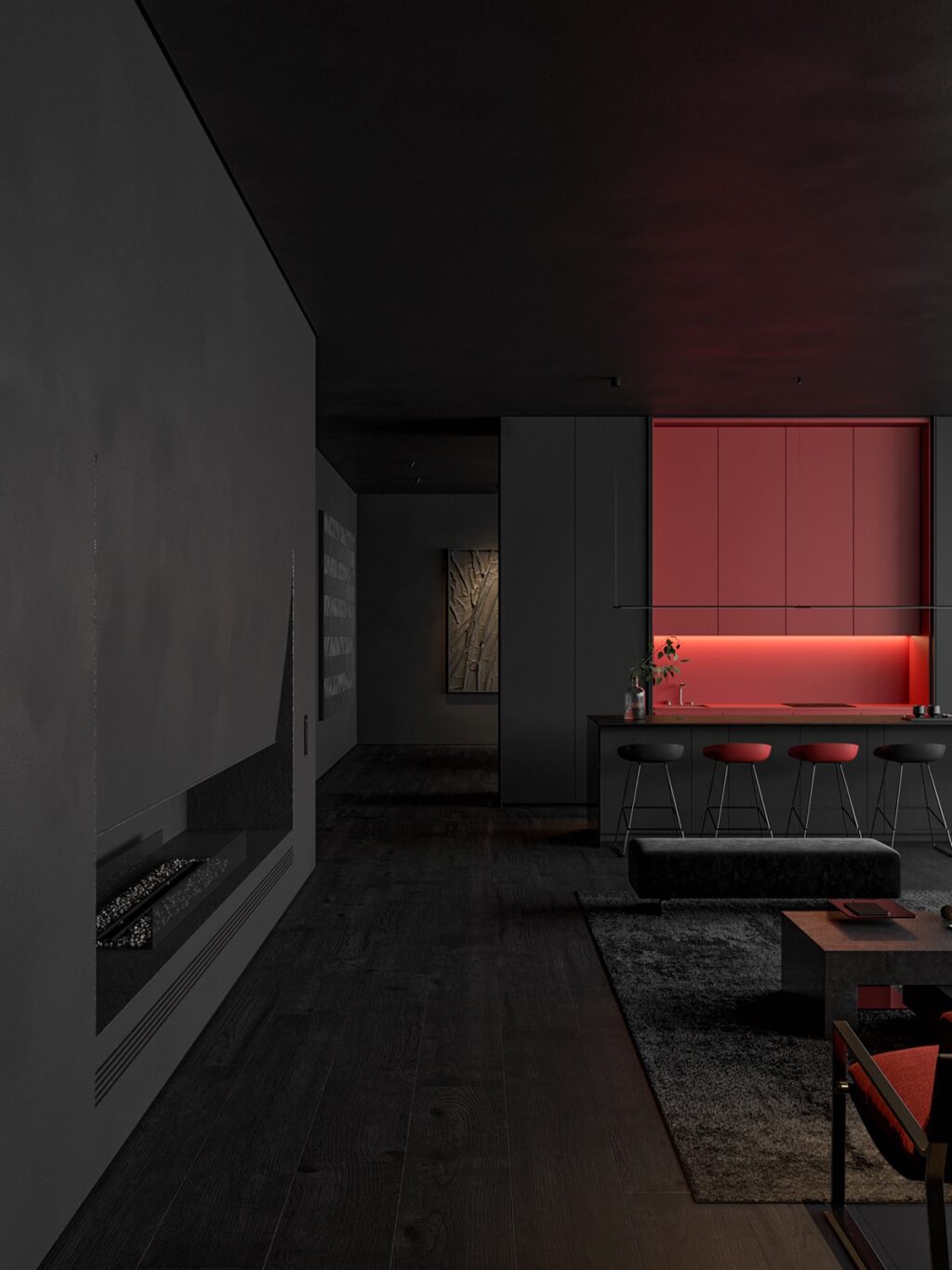 Dark and Mysterious Interior With Red Accents