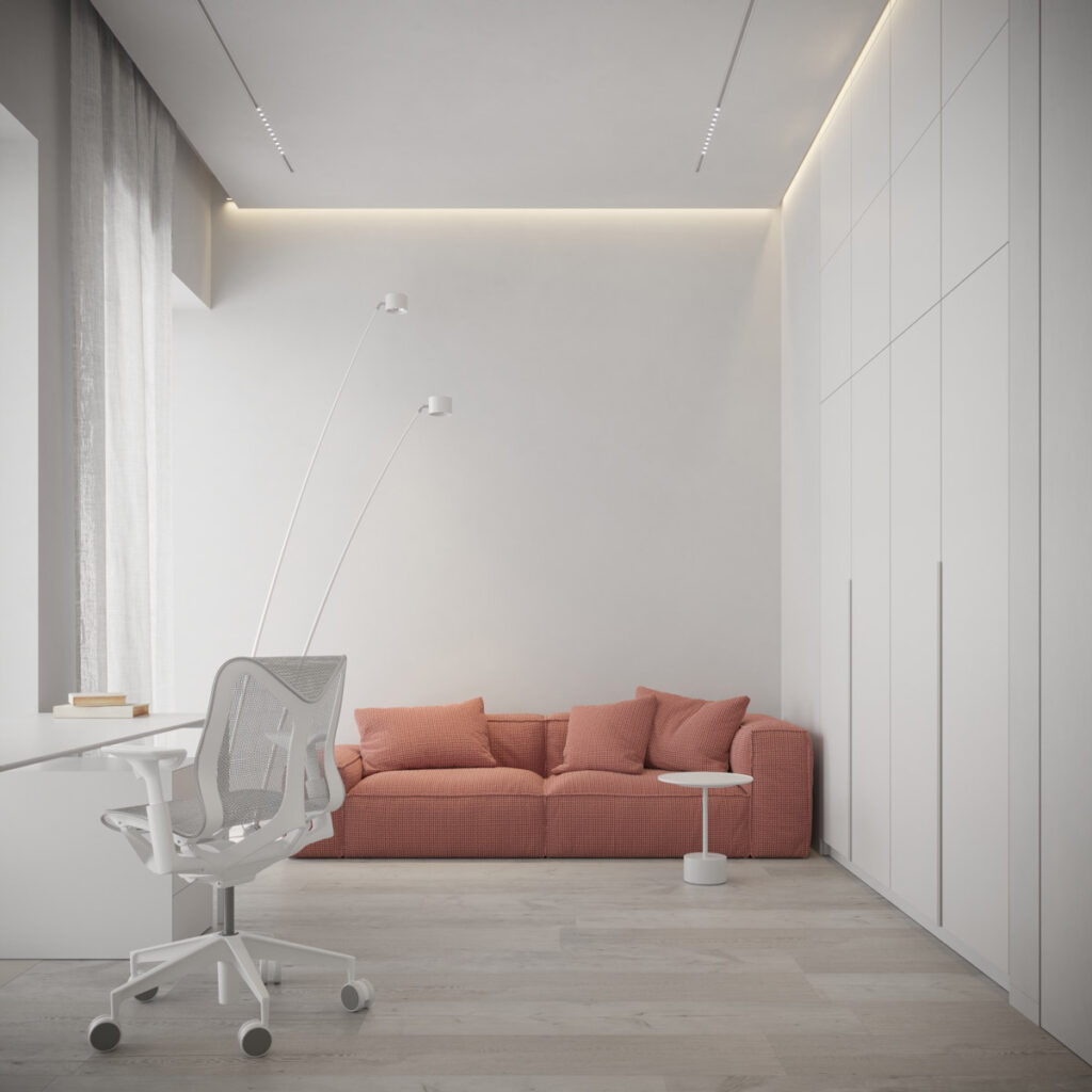 Minimalist Interior With Red Accent Decor (Includes Floor Plan)