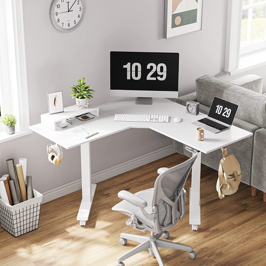 l shaped adjustable desk with headphone hooks sitting and standing ...