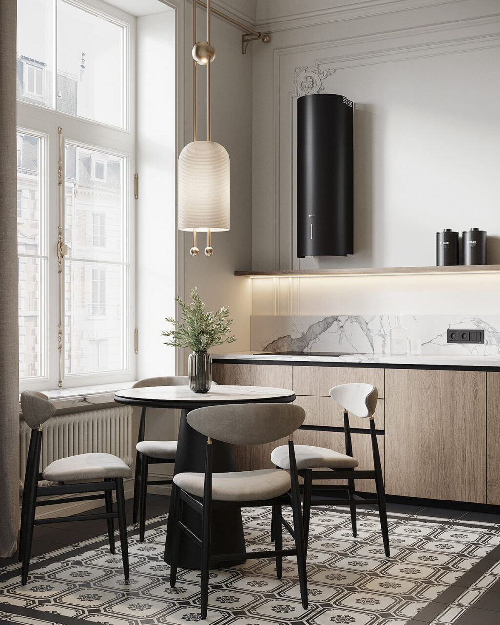 Luxe Greige Neoclassical Home Design With Floor Plan