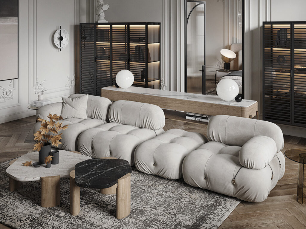 Luxe Greige Neoclassical Home Design With Floor Plan