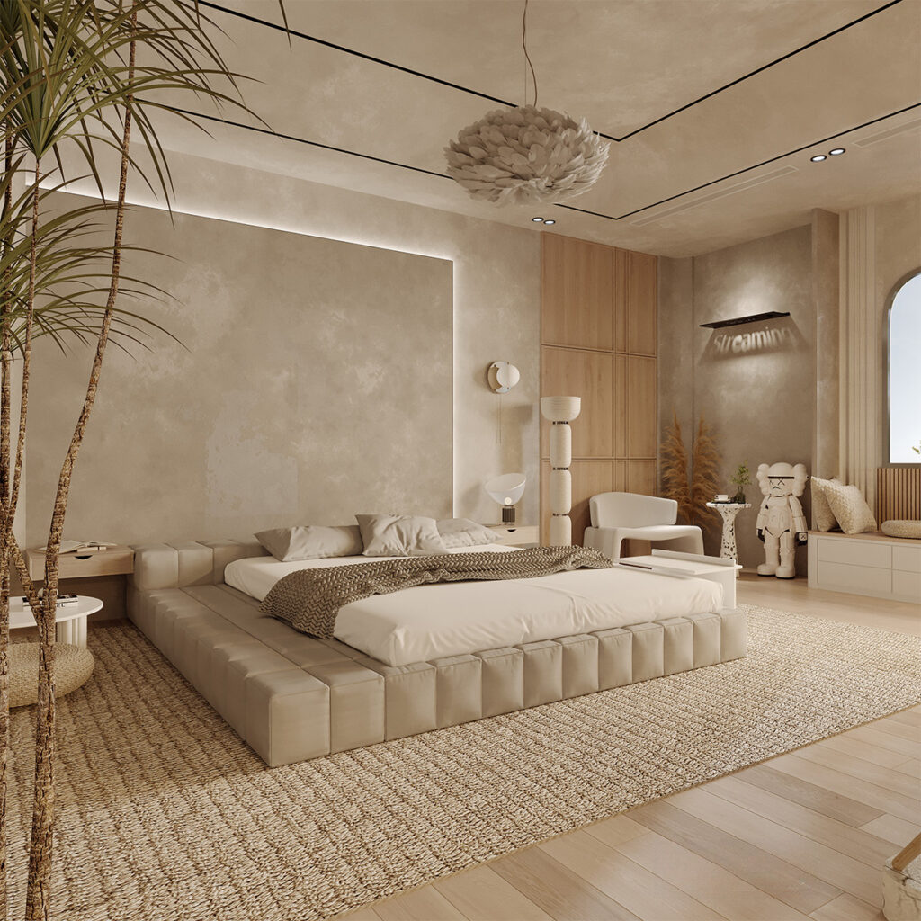 beige upholstered bed | Interior Design Ideas