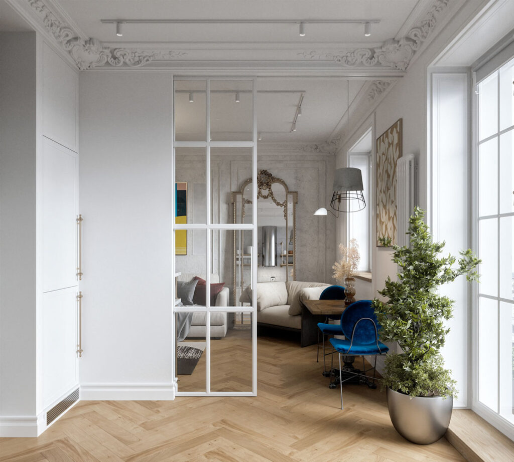 Color-Dashed Neoclassical Interiors On Contrasting Scales