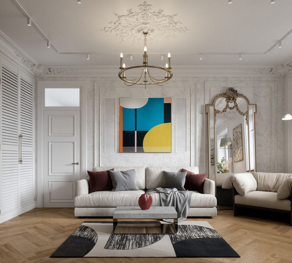 Color-Dashed Neoclassical Interiors On Contrasting Scales