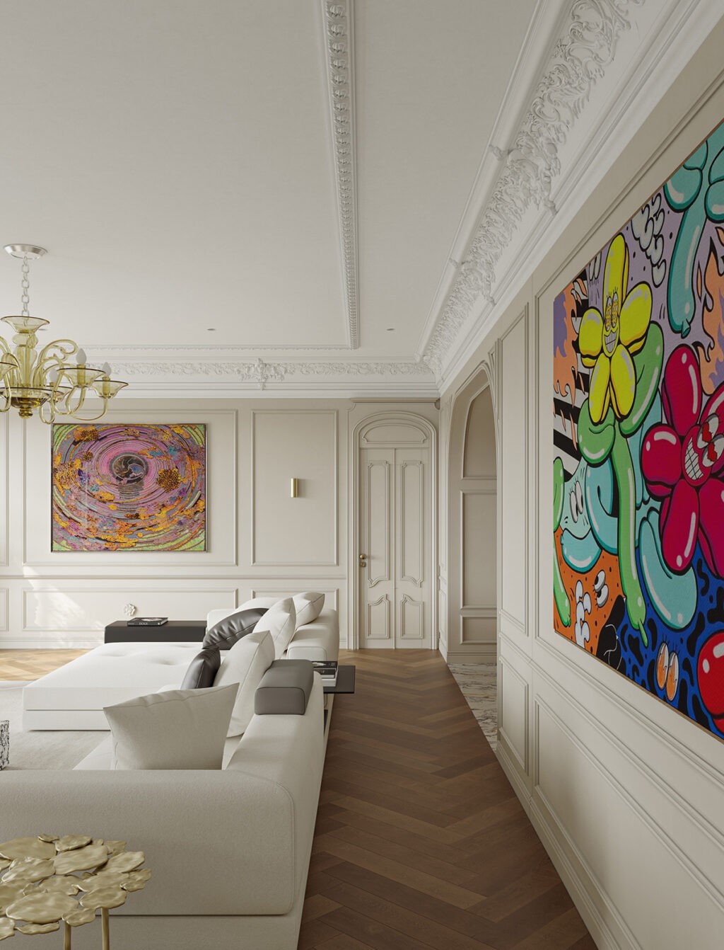 Color-Dashed Neoclassical Interiors On Contrasting Scales