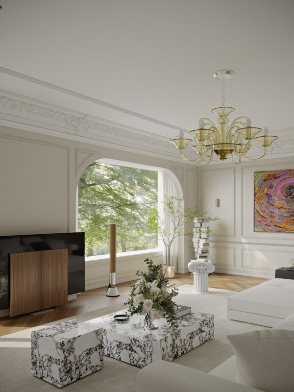 Color-Dashed Neoclassical Interiors On Contrasting Scales