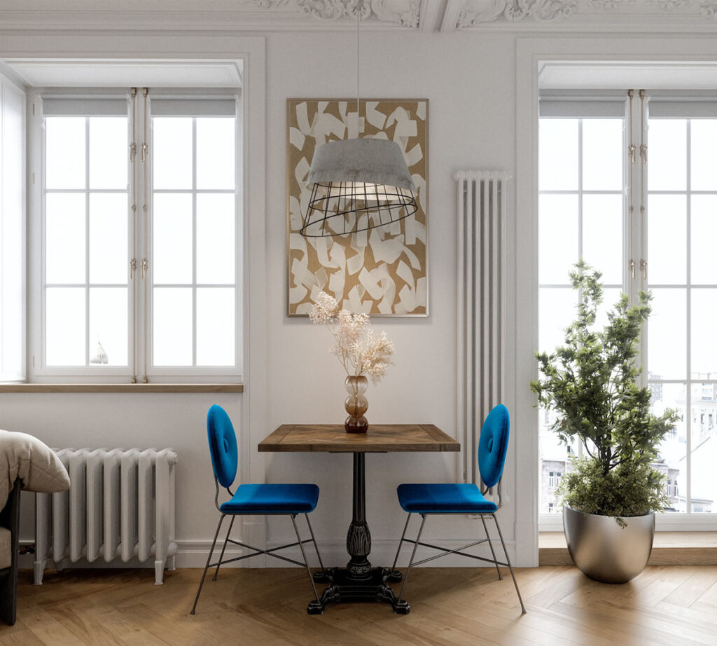 Color-Dashed Neoclassical Interiors On Contrasting Scales