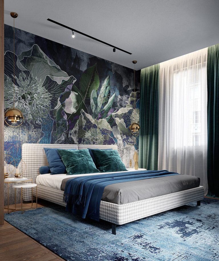 dark green and blue bedroom | Interior Design Ideas