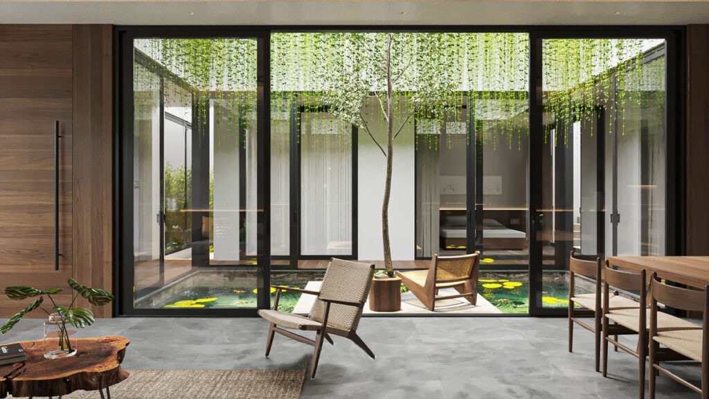 Gray and Wood-Tone Decor Framed by Green Courtyards