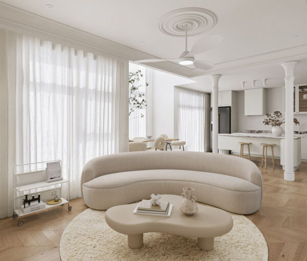 Graceful Curved Decor Meets Warm White Interiors