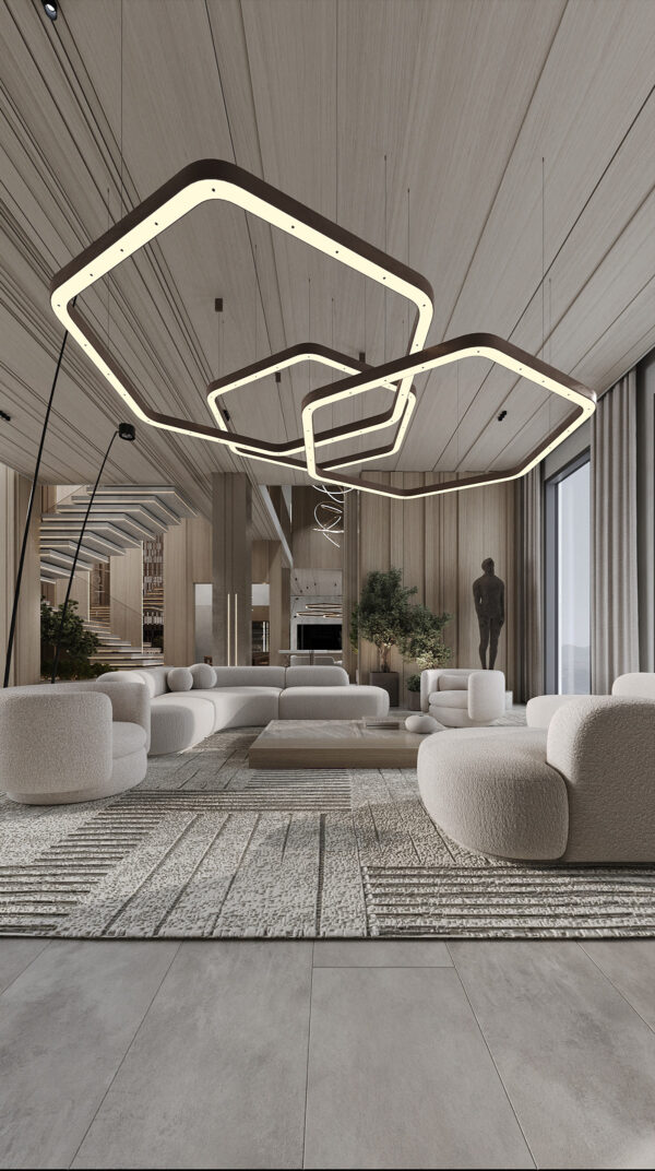 Beige And Gray Textural Decor in Double-Height Living Spaces