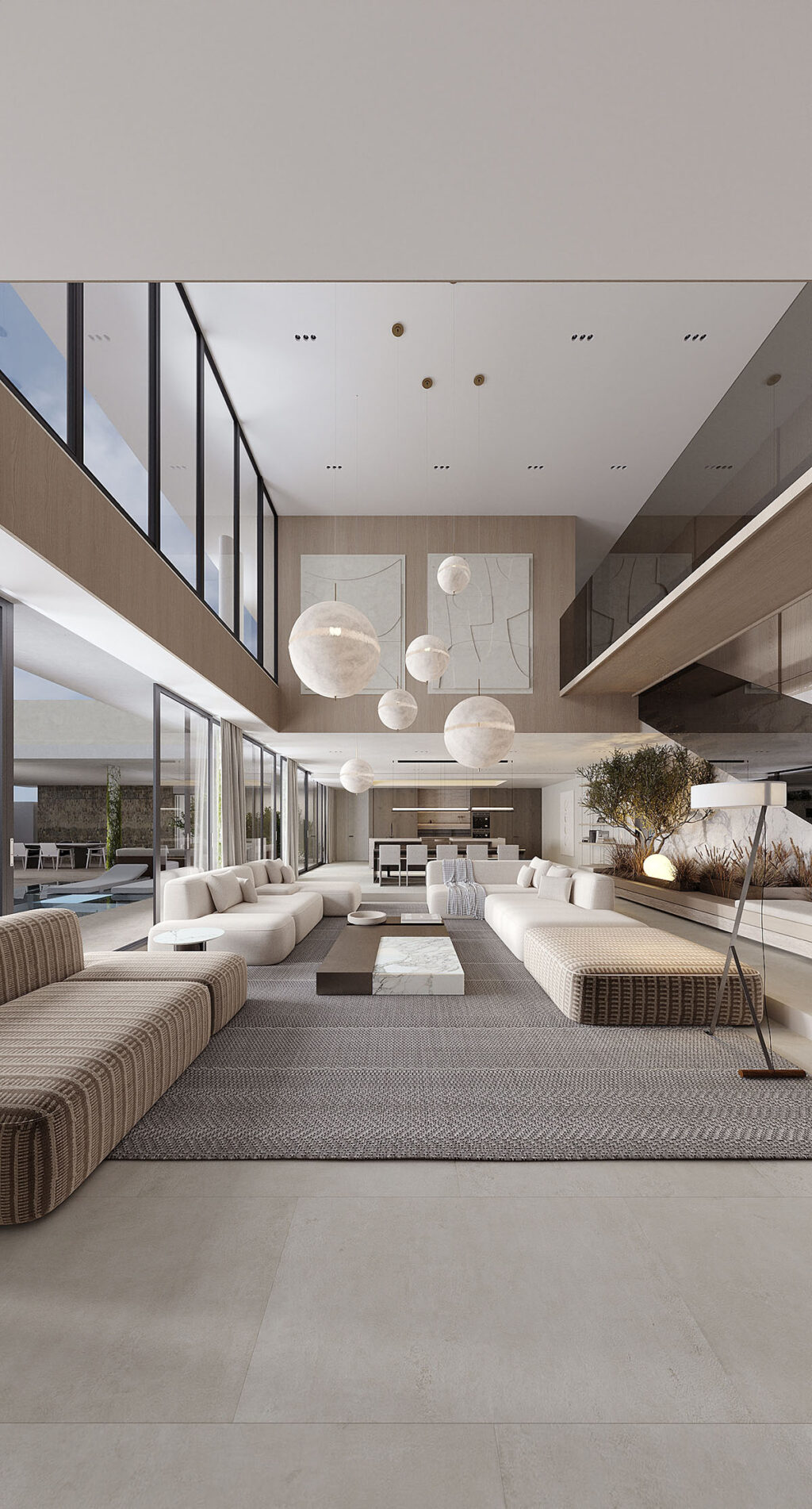 Beige And Gray Textural Decor in Double-Height Living Spaces