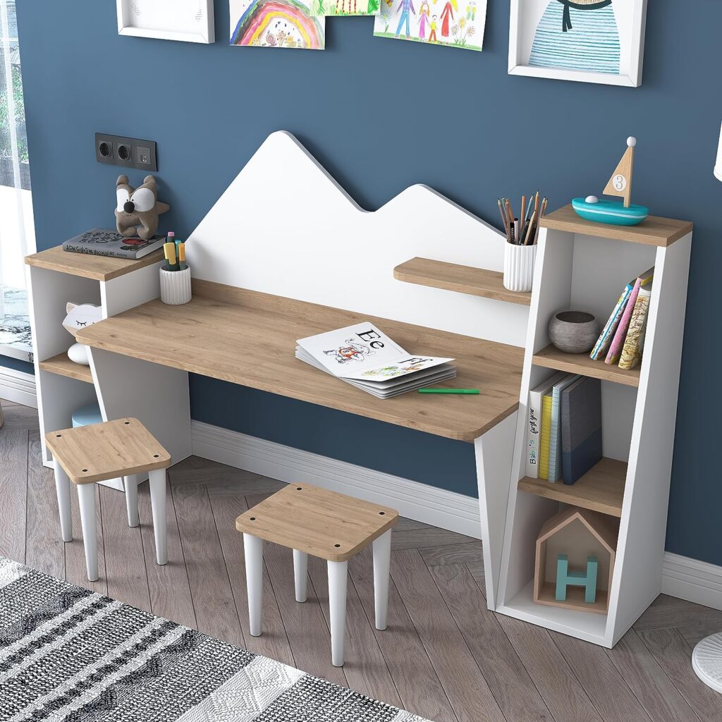 two person kids desk with bookshelf built into each side white mountain ...