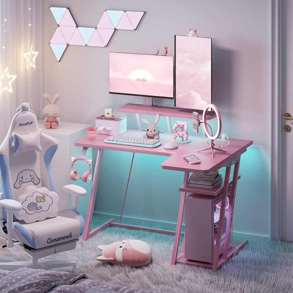pink L shaped desk small space desks for gamers cute pink desks for ...