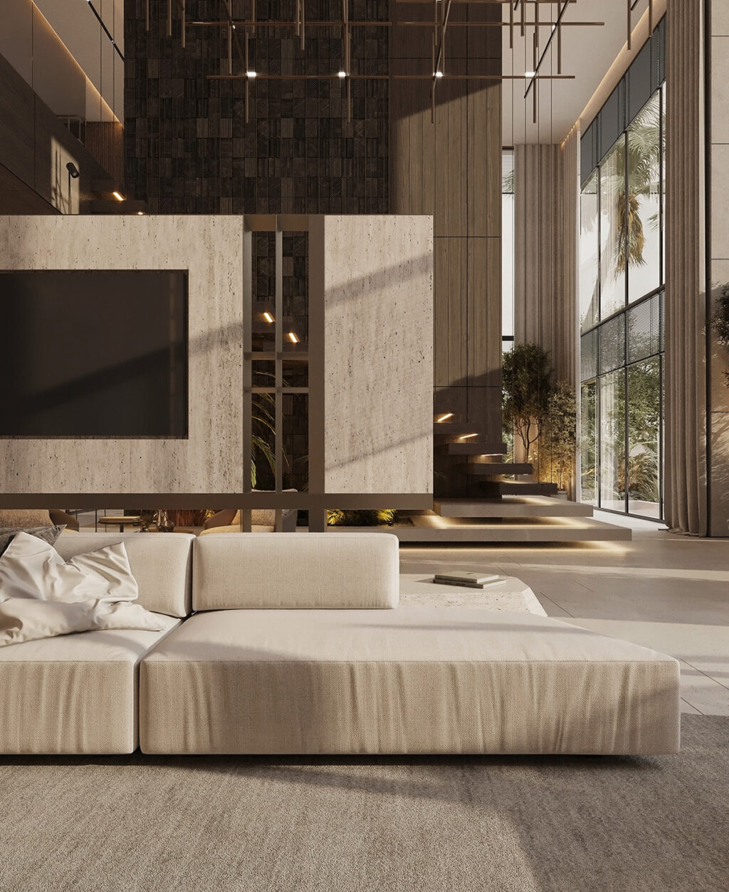 The Luxury Of Stone, High Ceilings And Sculptural Lighting